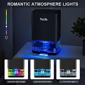 ToLife Dehumidifiers for Home 30 OZ Water Tank with Auto-Off 500 sq.ft Portable Small Dehumidifier for Bathroom Bedroom RV Closet Room 7 Colors LED Light, Black