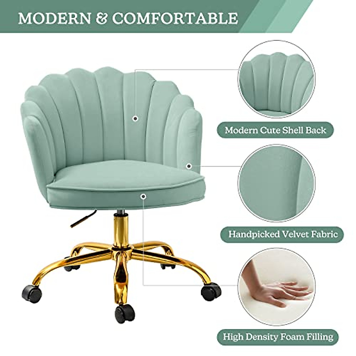 HULALAHOME Velvet Home Office Chair with Gold Base, Womans Modern Cute Shell Back Upholstered Desk Chair for Vanity, Adjustable Swivel Task Chair for Living Room,【SAGE Chair for Desk】