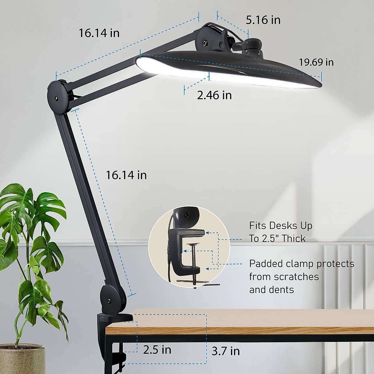 LED Desk Lamp with Clamp - DAEV – 2,200 Lumen 20" CCT Swing Arm Desk Light- 182 LEDs Adjustable from 300K to 6500K – Task, and Work Lamp for Nail Techs, Hobbyists, Artists, and Crafters, Black