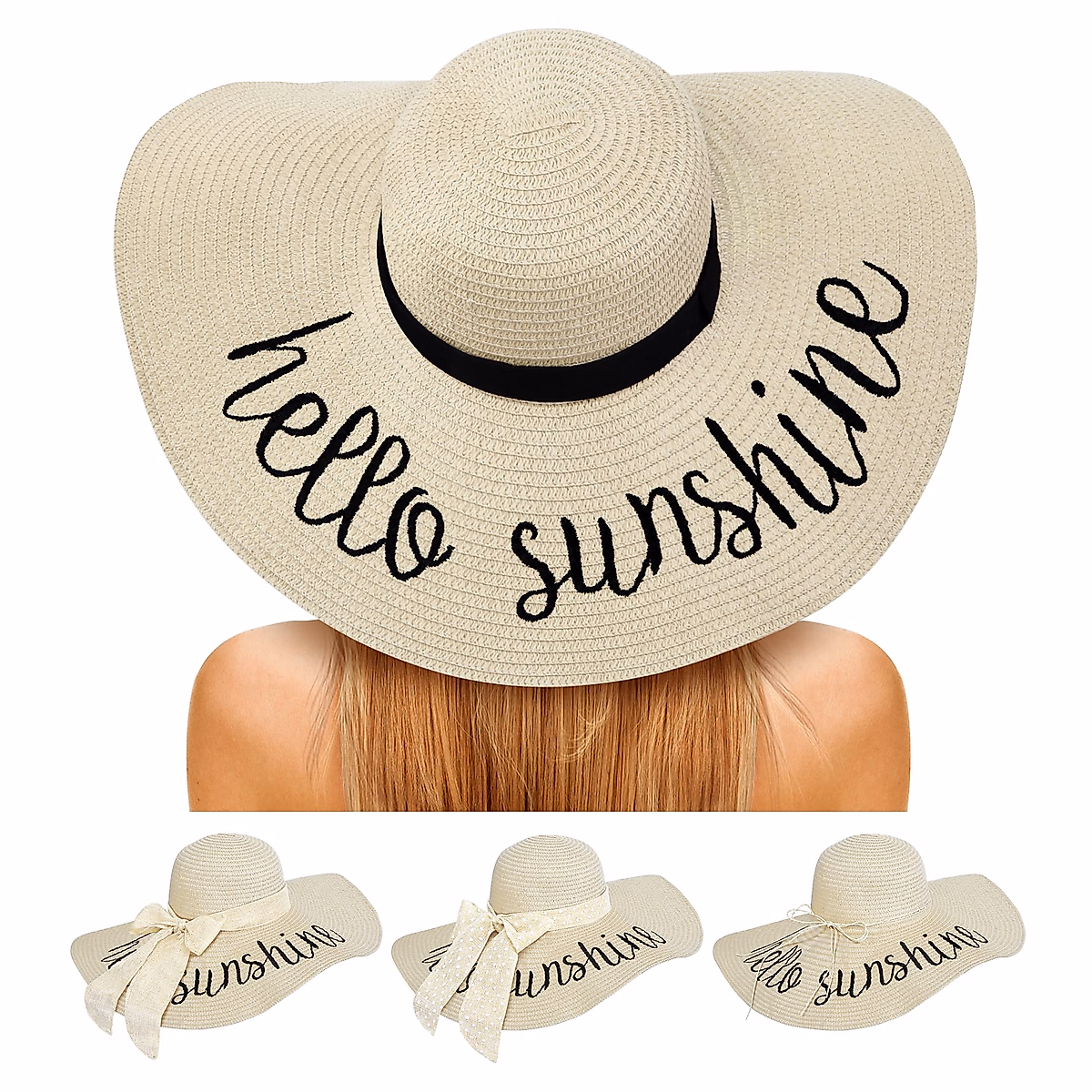 Beach Hats for Women - Foldable Straw Hat Embroidered Wide Brim Floppy Sun Hat UPF 50+, Honeymoon, Travel, Cruise White