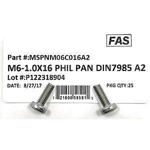 M6-1.00 x 16 Stainless Steel Phillips Pan Head Machine Screw DIN7985 A2 M6x16 (25 Pieces)