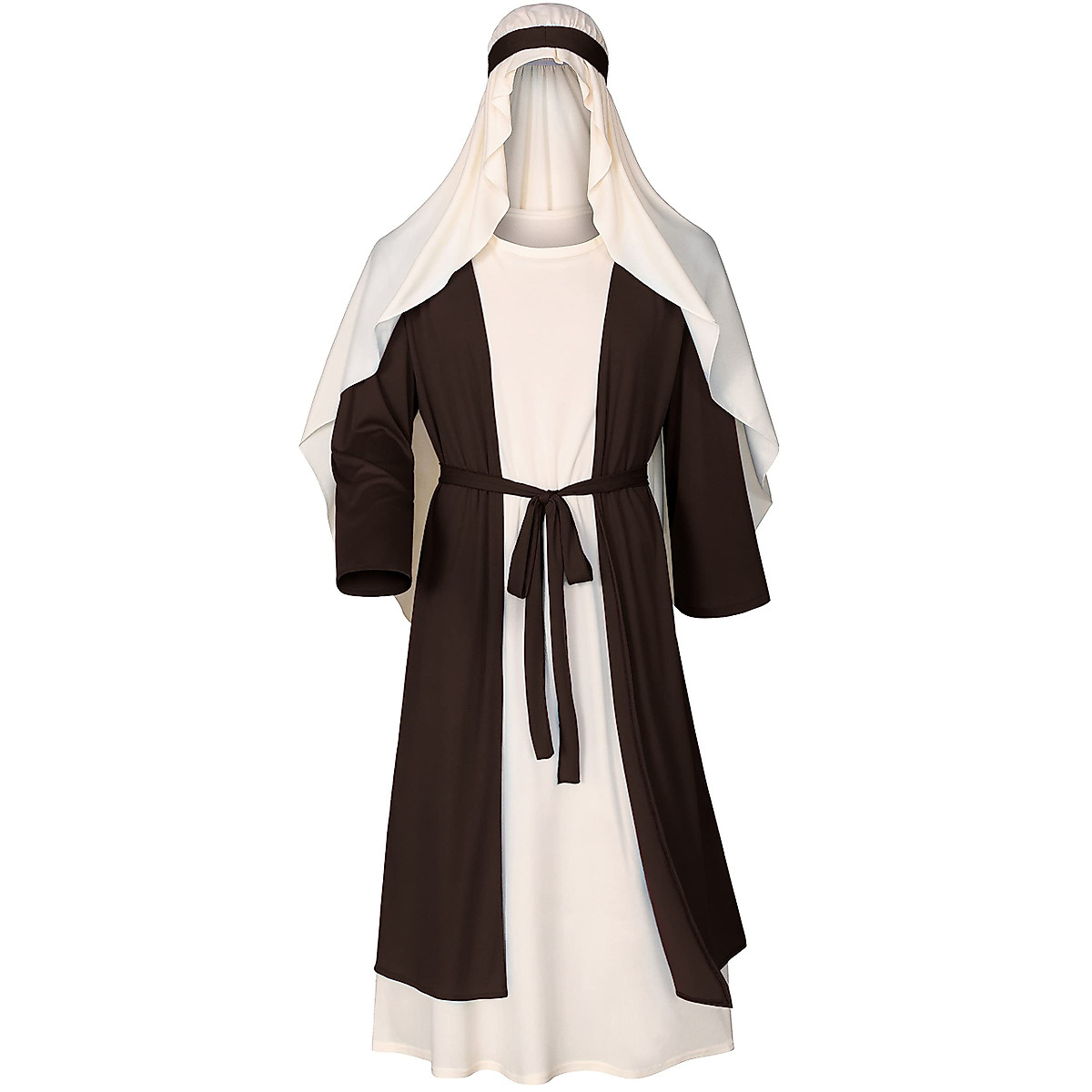 Irtysh Mens Biblical Saint Joseph Costume Jesus Robe Sherherd Costume Staffs Headwrap Hat Waist Rope Set(Brown M)