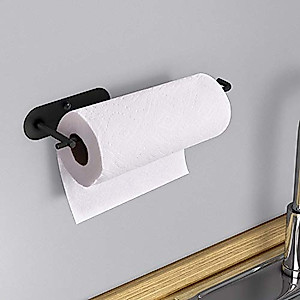 VAEHOLD Self Adhesive Paper Towel Holder Under Cabinet Mount, Wall Mounted Paper Towel Roll Holder for Kitchen, Bathroom, Wall - SUS304 Stainless Steel (Black)