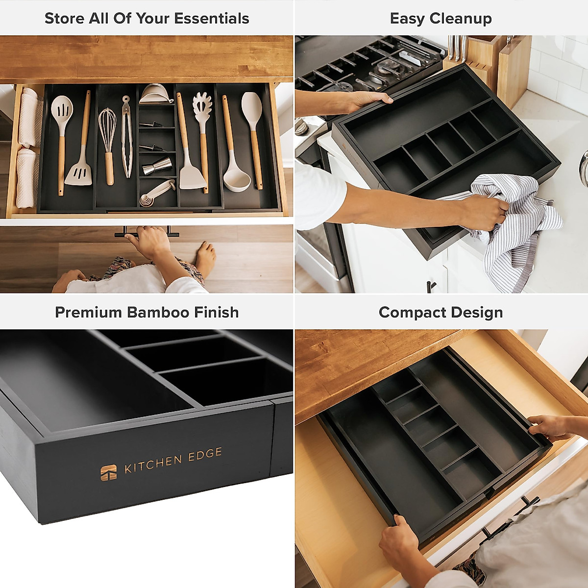 KitchenEdge Adjustable Kitchen Drawer Organizer for Utensils and Junk, Food-Safe Contract Grade with 100% Sustainable Wood, Non-Slip, Expandable from 16 to 28 Inches Wide - Black Bamboo