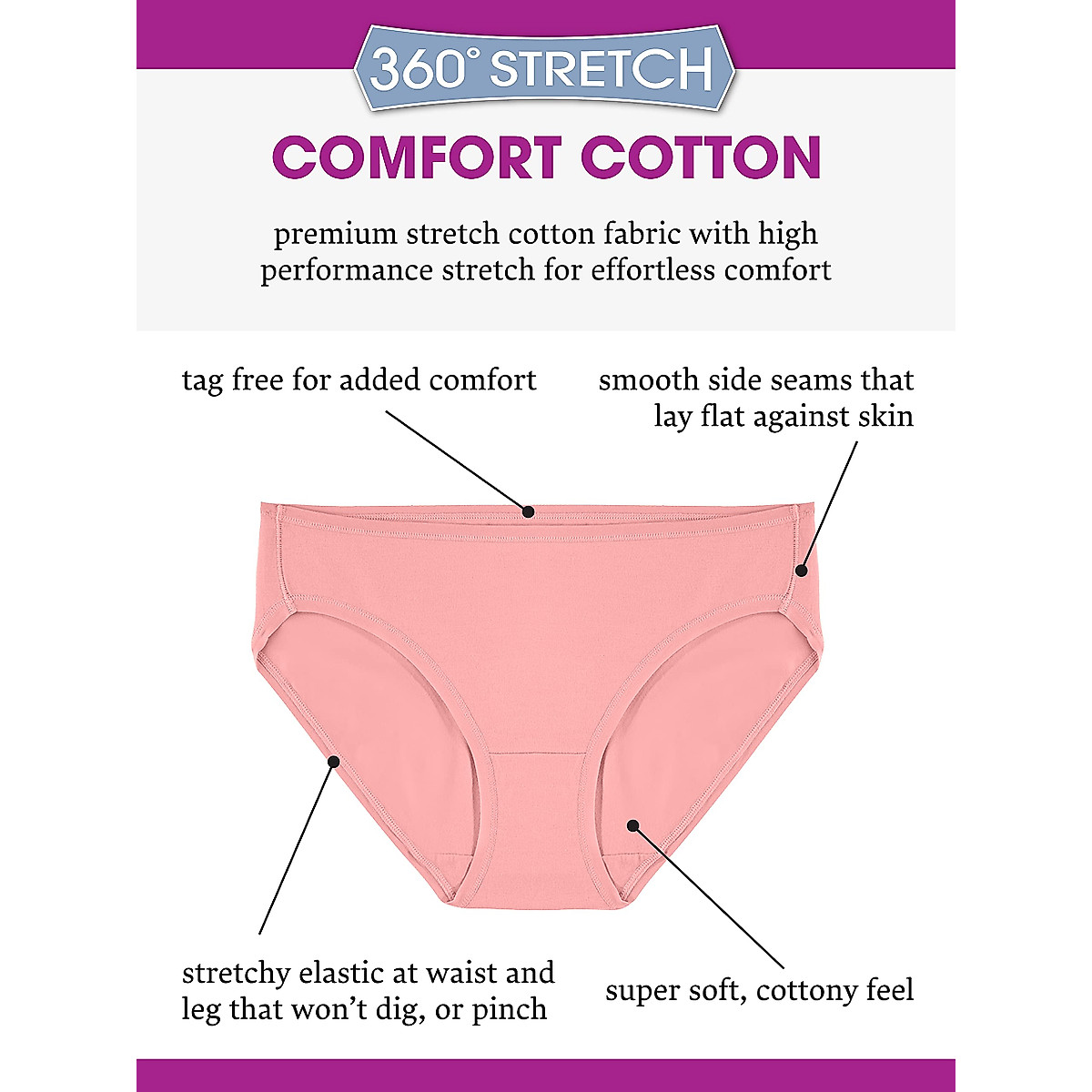 Fruit of the Loom Women's 360 Underwear, High Performance Stretch for Effortless Comfort, Available in Plus Size, Cotton Blend-Brief-6 Pack-Colors May Vary, 6