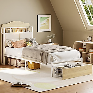 LIKIMIO Twin Bed Frame with Guardrail & Bedside Caddy, Multifunctional Headboard with Charging Station, Durable Metal Platform Bed, Noise-Free, No Box Spring Needed, White