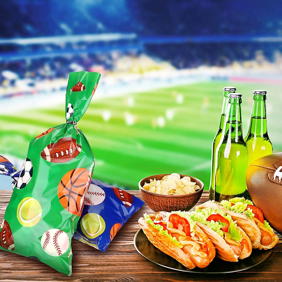 100 Pieces Sport Party Treat Bags Baseball Cellophane Bags Soccer Football Basketball Goodie Bags Sports Treat Bags with 150 Pieces Silver Twist Ties for Birthday Sport Party Favor Supplies