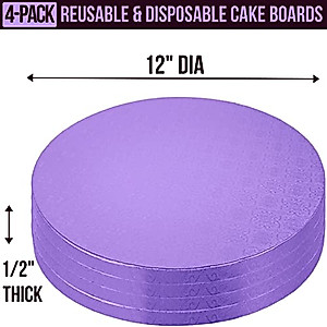 12 Inch Cake Boards - 4 Pack Cake Drums 12 Inch Dia - Disposable Purple Cake Board Circles - Reusable Round Cake Boards - Cake Base Cardboard Cake Rounds - Cake Decorating Supplies & Baking Supplies