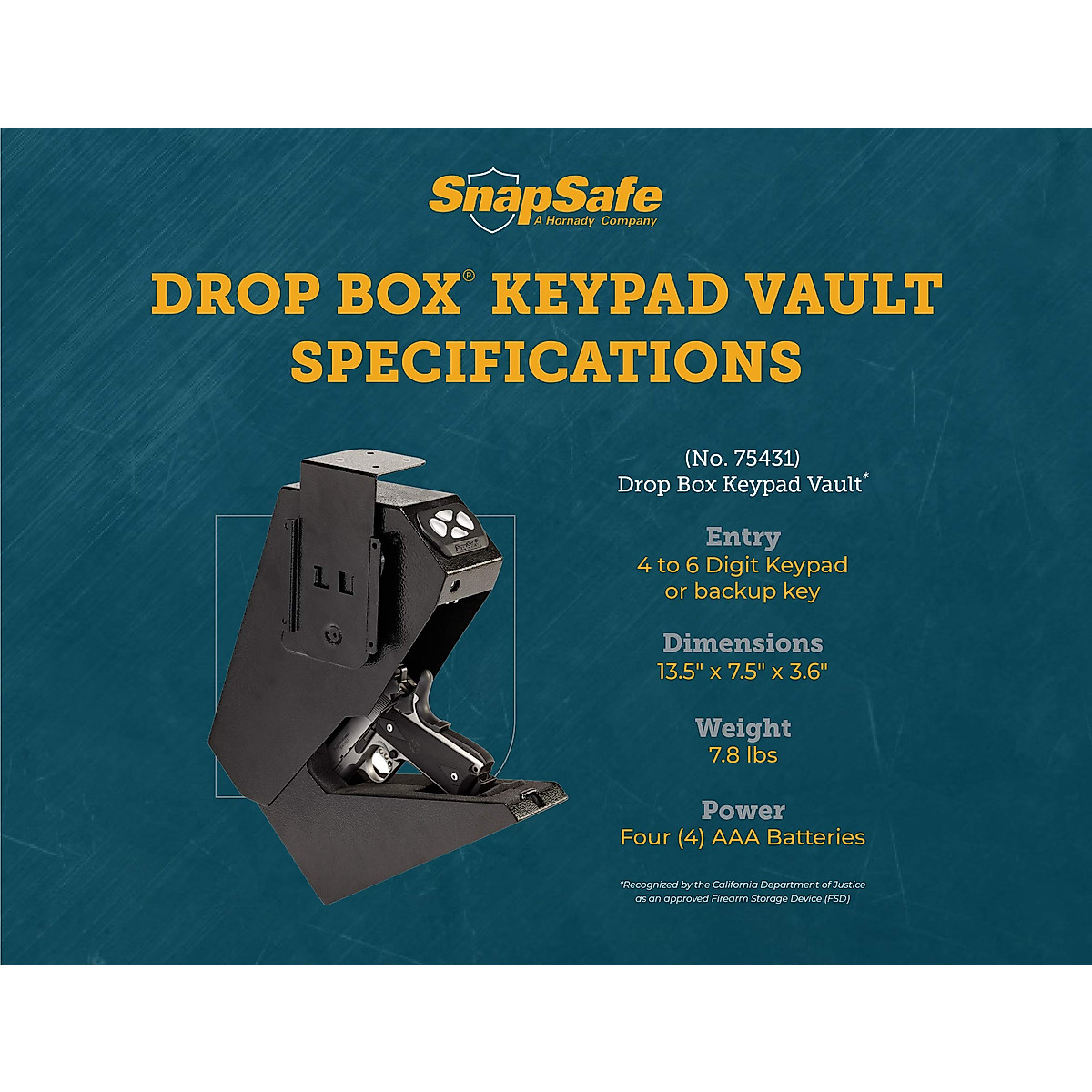 SnapSafe Drop Box Keypad Vault – Keypad Handgun Safe for Handguns – 4-6 Keypad Entry with Backup Keys – Black, Measures 13.5 (H) x 7.5 (W) x 3.6 (D) Inches - Item 75431