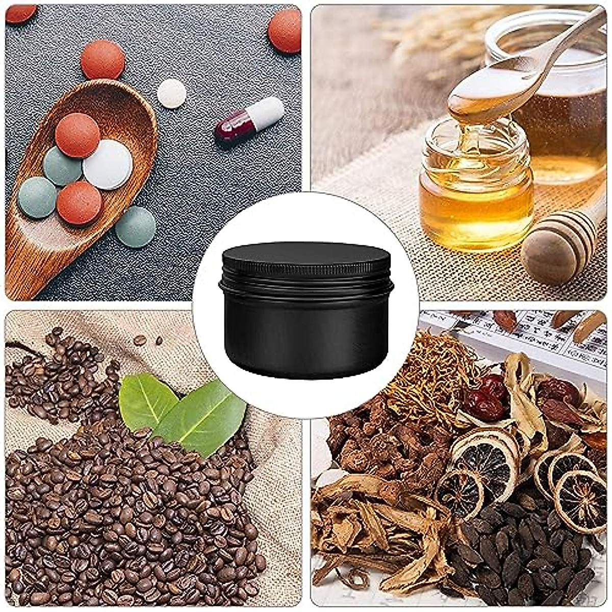 6 Pack 4 oz Aluminum Tins Airtight Storage Tins Containers Bulk Tins with Screw Lids for Kitchen, Storing Spices, Candies, Lip Balm, Salve,Black