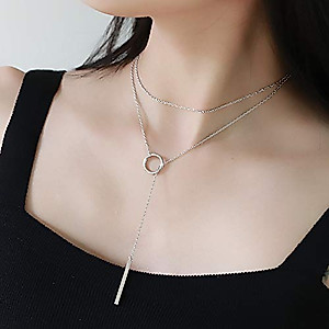 925 Sterling Silver Round Stick Cross Bar Lariat Y Pendant Necklace Long Tassel Sweater Chain for Women Gift (Sterling Silver)