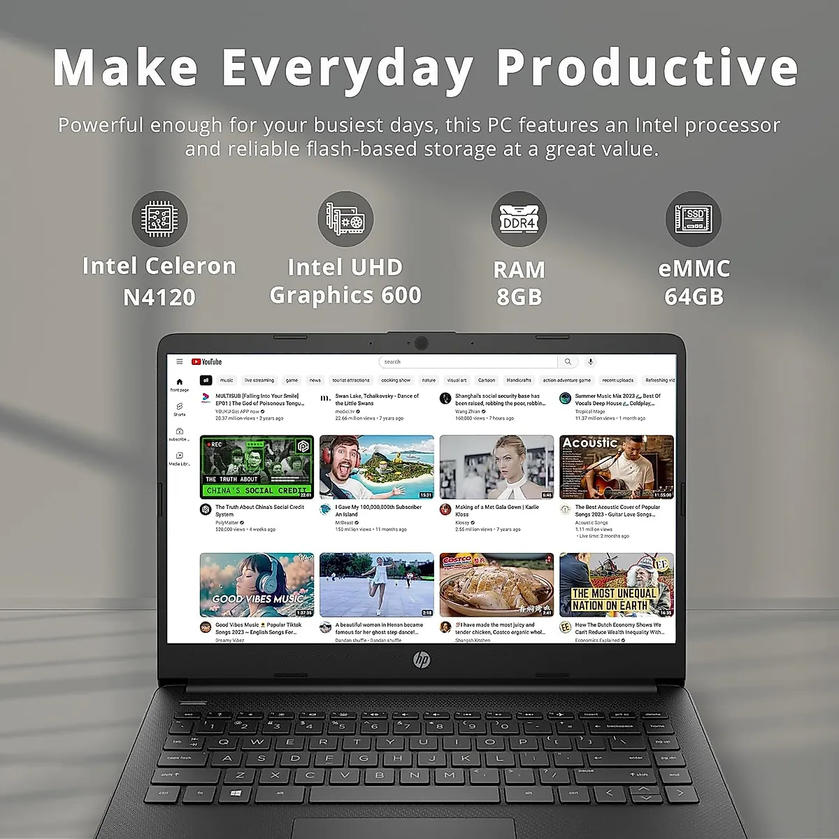 HP Stream 14" HD BrightView Laptop, Intel Celeron N4120, 8GB RAM, 64GB eMMC, Intel UHD Graphics, 720p Webcam, 1 Year Office 365, Black, Win 11 S, 32GB Hotface USB Card