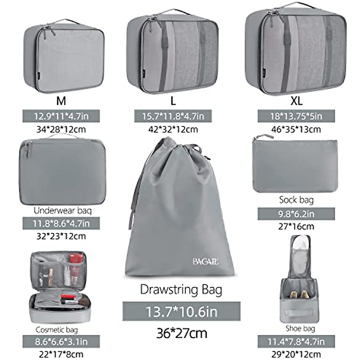BAGAIL 8 Set Packing Cubes, Lightweight Travel Luggage Organizers with Shoe Bag, Toiletry Bag & Laundry Bag (Pewter Color)