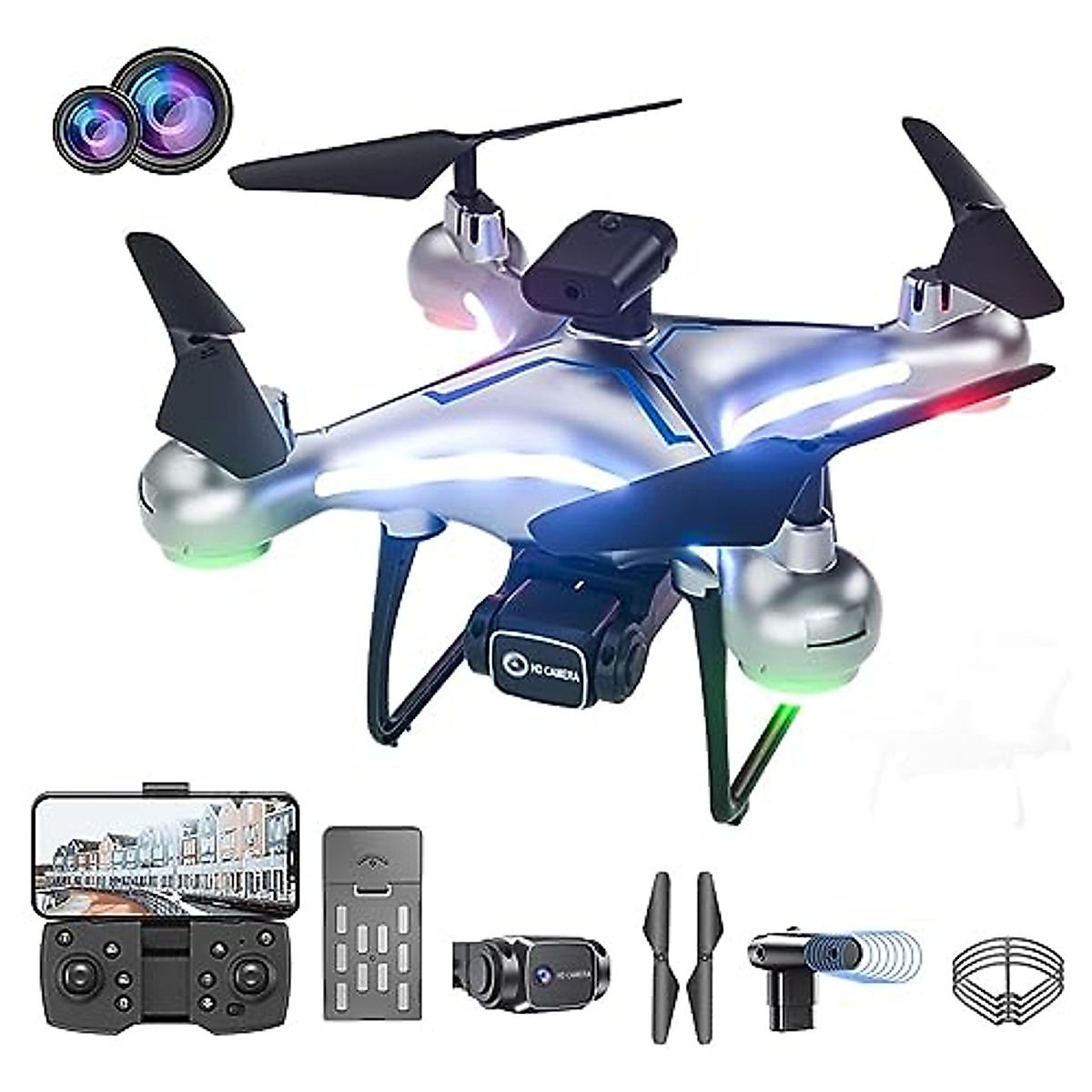 Drone With 4K Dual HD Camera - 2023 Upgradded RC Quadcopter for Adults and Kids, Light Show Obstacle Avoidance Aerial Drone, WiFi FPV RC Drone for Beginners Live Video HD Wide Angle RC Aircraft