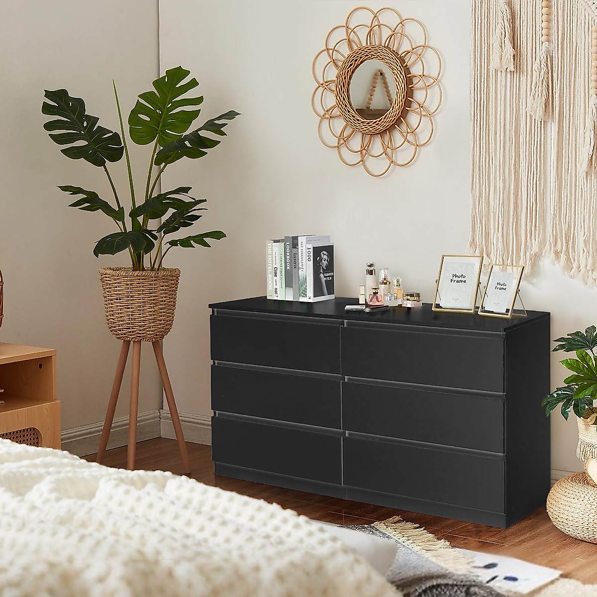 Karl home 6 Drawer Double Dresser for Bedroom, Wood Dresser with Deep Drawers, Long Dresser with Cut-Out Handles, 55" Wooden Dresser with Large Storage, Dresser Chest of Drawers, Black