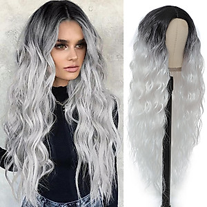 GOWIT Ombre Silver Grey Wigs for Women 30 Inch Long Curly Wavy Wig Middle Part Dark Roots Natural Looking Synthetic Heat Resistant Wig for Halloween Christmas Daily Cosplay Party Use