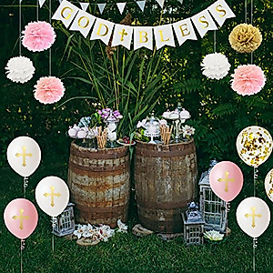 CHRORINE Baptism First Communion Confirmation Decorations for Girls, Mi Bautizo Decorations, God Bless Banner, Balloons- Pink Set