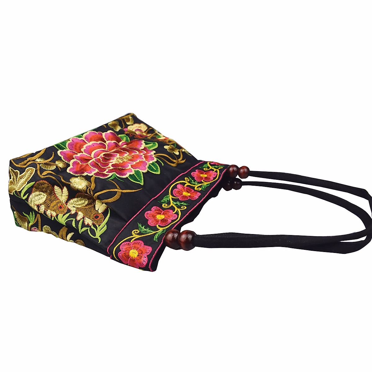 Women's Unique Vintage Hobo Tote Bags Red Peony Floral Embroidered Shoulder Handbags Bags for Lady