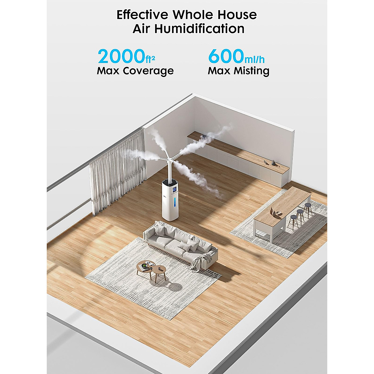 15L/4Gal Humidifier Large Room for 2000ft², Humidifiers for Bedroom Large Room, Air Humidifiers for Home, 600ml/h Misting, 60H Runtime, Essential Oil Box, Easy to Move, Top Fill Design, Auto Shut Off