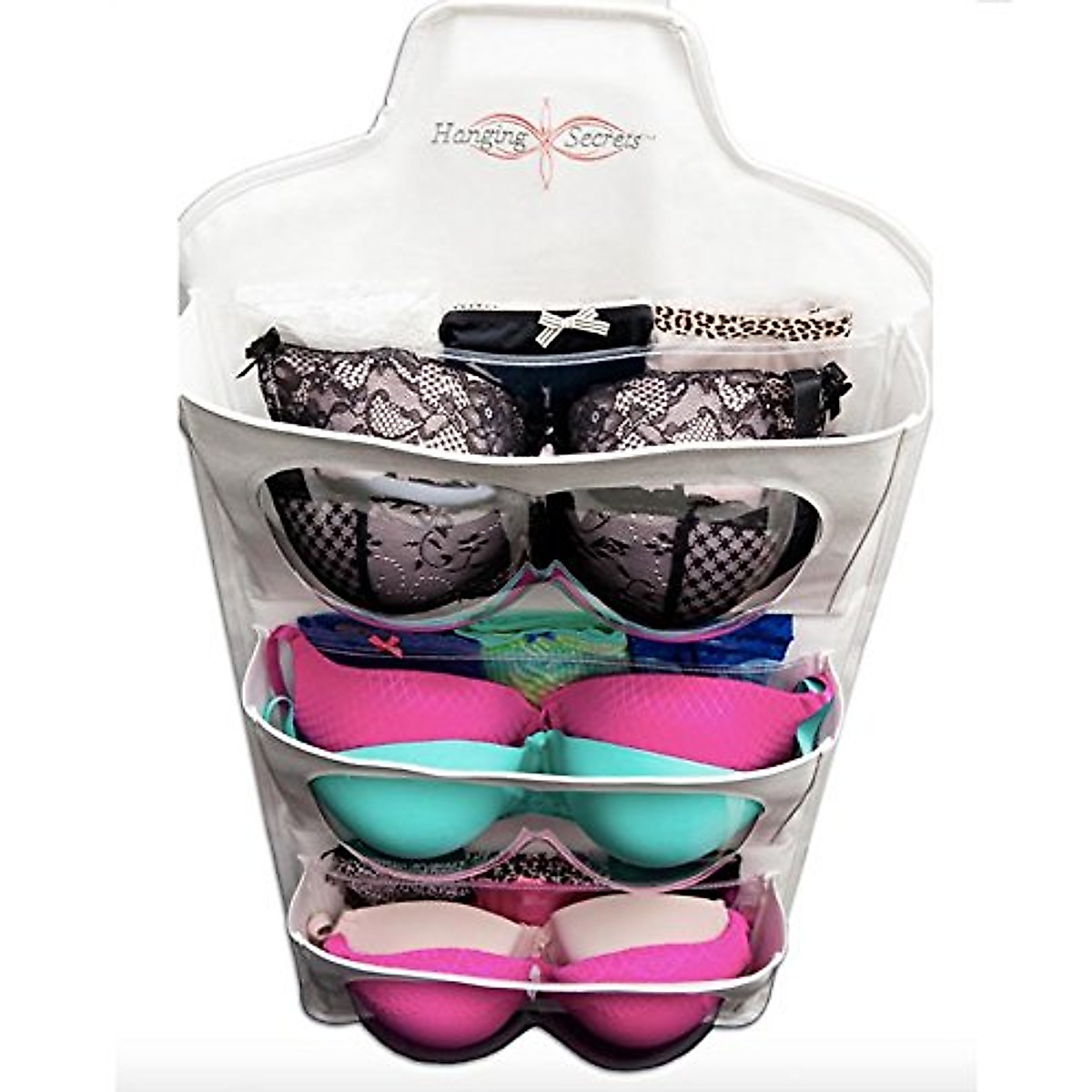 Hanging Secrets Bra Organizer & Lingerie Organizer Hanger + Protect + Showcase Your Bras with See-Thru Molded Bra Compartments Organizer Hangs Inside Closet or Over Door [White]