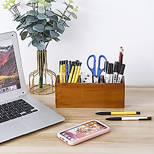 dedoot Wood Remote Holder Desk Pencil Holder, 3 Compartment Brown Wooden Organizer Drawer 3 Section Rustic Remote Control Holder for School, Home and Office Supplies, 9x3x3.4Inches