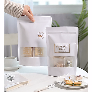 GICOHI 50 PCS Custom Kraft Paper Bag with Window,Personalized Stand up Zip Lock Pouches Food Storage Bags, Reclosable Bags for Home, Wedding, Party Products (White Kraft Bag)