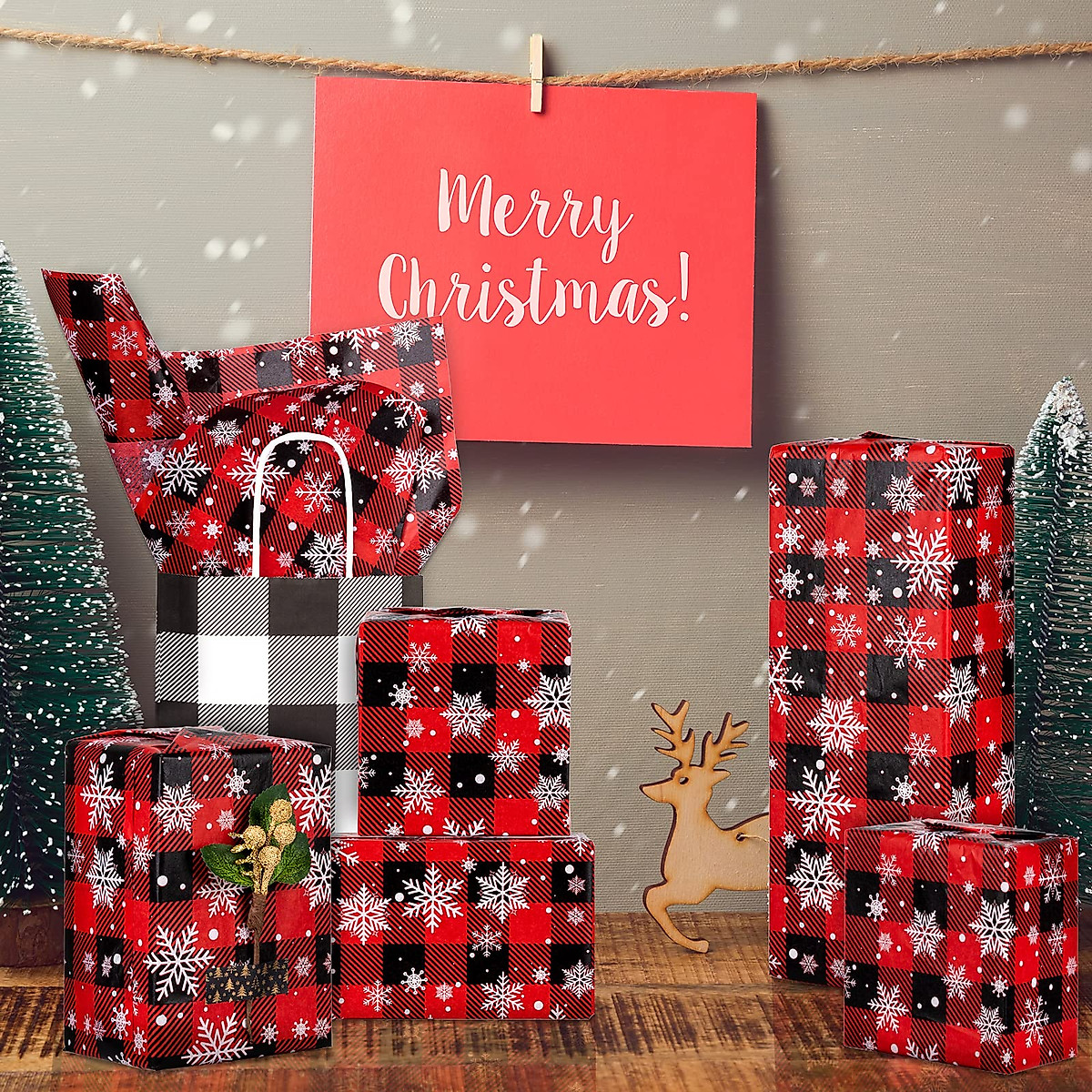 Whaline 120 Sheet Christmas Buffalo Plaid Tissue Paper Winter Red Black Plaids Snowflake Tissue Paper Xmas Wrapping Paper Rustic Art Craft Paper for Christmas Winter Party Craft Gift Wrapping