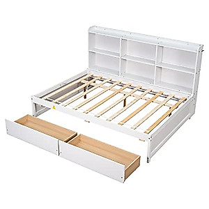 Harper & Bright Designs Full Bed with Storage Drawers and Side Bookcase, Solid Wood Platform Frame, Full Size Daybed Sofa for Bedroom Living Room (Full Size, White) White(side Bookcase)