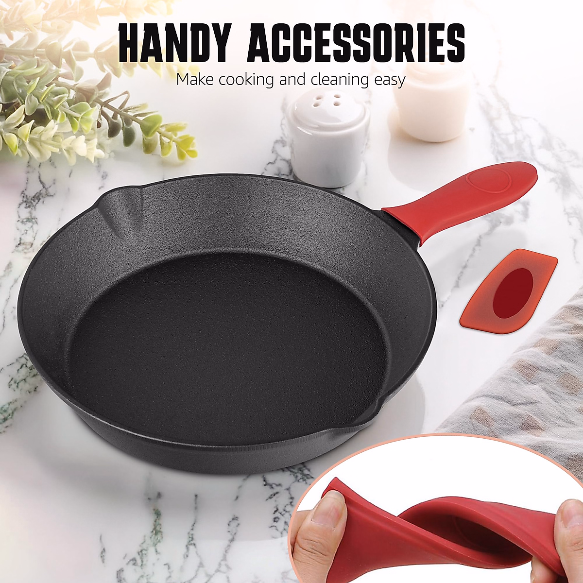 Cast Iron Skillet 3-Piece Set - Professional Pre-Seasoned Heavy-Duty Pan Cookware - 10 Inch, 8 Inch, 6 Inch Pans with Scraper & Handle Sleeve for Frying, Sautéing, Cooking, Baking