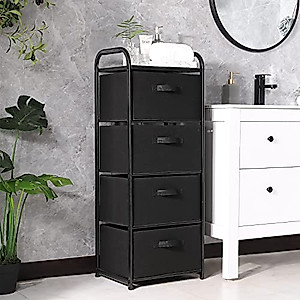 MAX Houser 4 Drawer Fabric Dresser Tall Storage Tower, Dresser Chest with Wood Top, Vertical Nightstand Side Organizer Unit with Metal Frame for Closets Bedroom Nursery Room Hallway(Black)