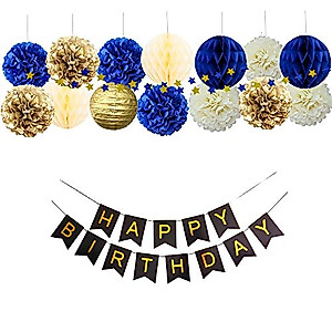 InBy 17pcs Navy Blue and Gold Party Decoration Kit for Baby Boy Shower Men Women Birthday Decoration Happy Birthday Banner 12" 10" 8" Tissue Paper Flower Pom Poms Lantern Honeycomb Ball