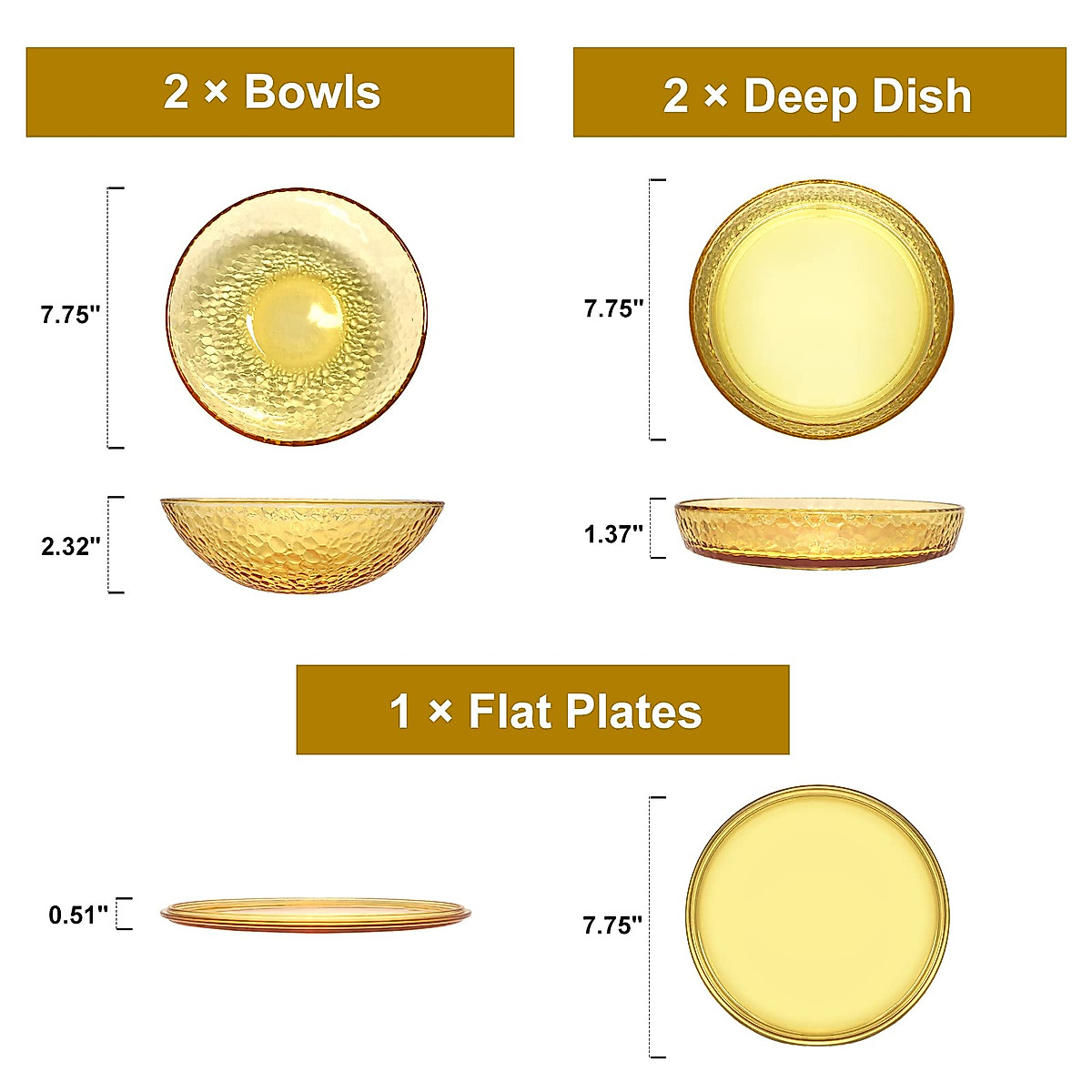 Dizaolive Plates & Bowls Kitchen Dinnerware Sets: 5 Piece Sphere Party Dish Set Microwave Dishwasher Safe Salad Dinner Amber Clear Hammered Glass Decorative Tableware for Soup Pasta Dessert Fruit Cake