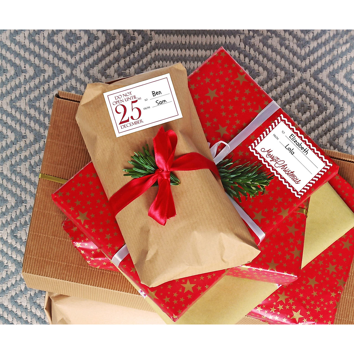 Jumbo Christmas Gift Tag Stickers 60 Count Modern Red, White, Silver, and Gold Xmas Designs - Looks Great on Gifts Presents, Wrapping Paper and Gift Bags.