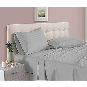 OYO COLLECTION Luxurious 600-Thread Count 100% PIMA Cotton 4-PCs Sheet Set Queen Size Fits 15-18 Inches Deep Pocket (Stripe, Silver Grey)