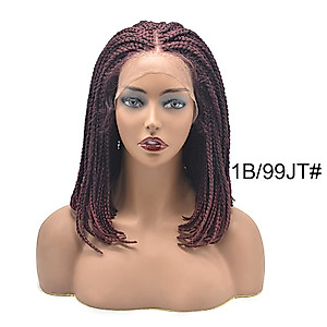 Curve Hair 3“X3.8 Realistic Hand Tied Lace Front Box Braids Glueless Wig for Women Premium Quality Synthetic Lightweight Twist BOB Braided Wigs with Baby Hair Black Mix Wine Red Color (#1B/99JT)