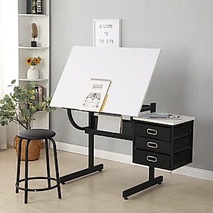 Lamerge Drafting Table with Stool, Drawing Desk for Adults/Artists with 3 Storage Drawers, Tabletop Adjustable 0-75° Tilting for Reading Writing Work Home Office, White