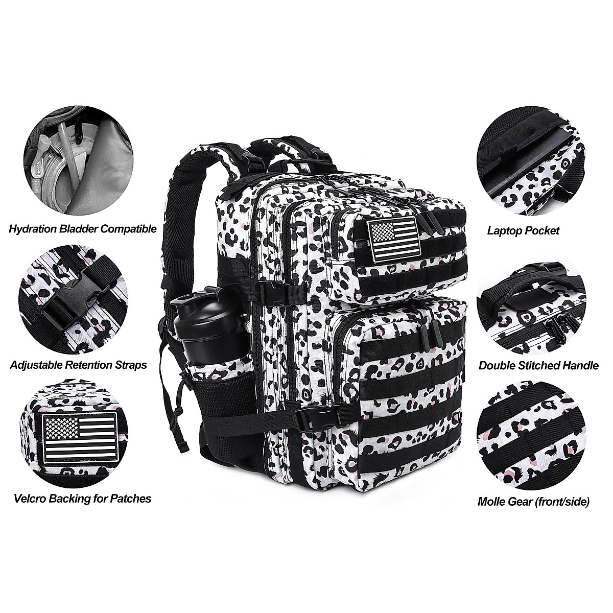 LHI Tactical Military Backpack for Men and Women 25L Army Assault Pack Bag Large Rucksack with Molle System - Leopard