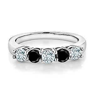 Gem Stone King 925 Sterling Silver Sky Blue Aquamarine and Black Diamond 5-Stone Wedding Anniversary Band Ring For Women (0.85 Cttw, Gemstone March Birthstone, Available In Size 5, 6, 7, 8, 9)