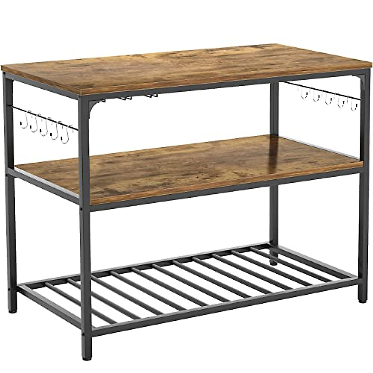 Homieasy Kitchen Island with Wine Glass Holder, Industrial Wood and Metal Coffee Bar Rack, 3 Tier Spacious Prep Table Extended Counter with Hooks Easy to Assemble, Rustic Brown