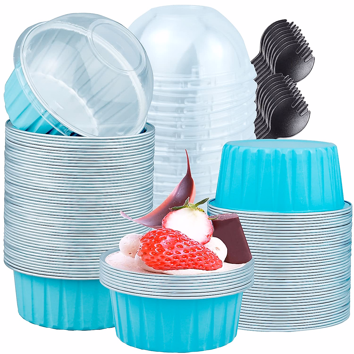 ALLRI Cupcake Liners with Dome Lids, Foil Dessert Ramekins 5oz Baking Cups Aluminum Foil, Muffin for Blue Lids Ramekin Containers Holders