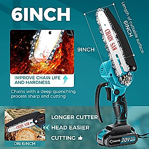 Saker Mini Chainsaw,6 Inch Portable Electric Chainsaw Cordless,2023 Upgrade Small Handheld Chain saw for Tree Branches,Courtyard, Household and Garden,By 2PCS 20V 1500mAh Batteries,Extra 3 PCS Chain