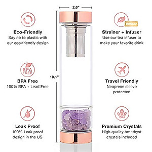 Rose Gold Crystal Elixir Infused Clear Motivational Water Bottle + Tea Infuser + Protective Sleeve + Removable Crystals Healing Stones | Witchcraft Supplies Infuser Water Bottle – 15 Oz (Amethyst)