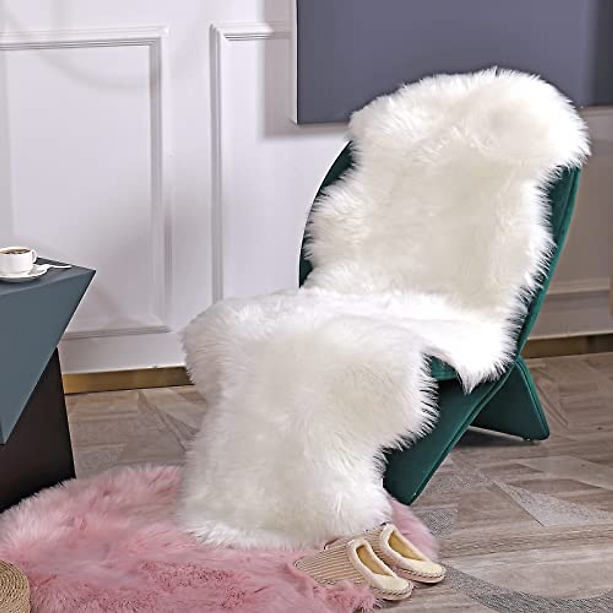 QHWLKJ Faux Sheepskin Fur Rug,White Soft Fluffy Shaggy Area Rug Ultra Soft 2 x 5.3 Feet Sheepskin Fur Rug for Bedroom Sofa Living Room Floor Kids Room