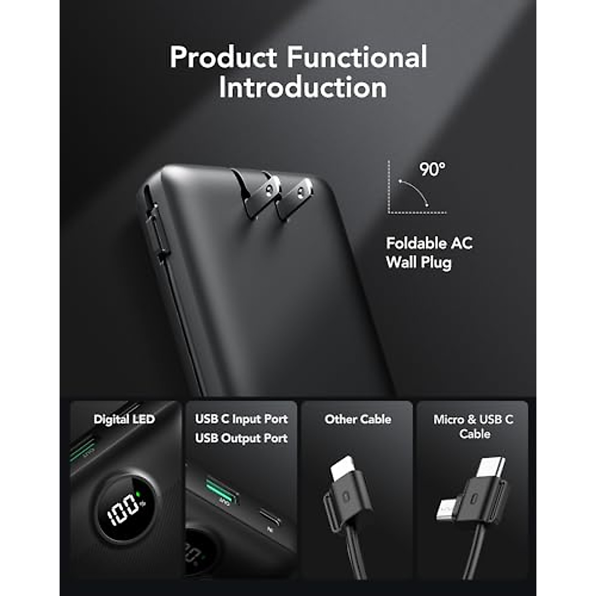 VRURC Portable Charger 20000mAh, Fast Charging Power Bank USB C,4 Output 2 Input Charging Bank Equipped with LED Display,Built-in Wall Plug and Cables,Cell Phone Replacement Battery,Black