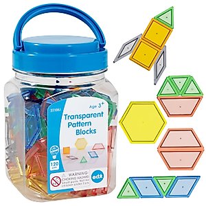 edxeducation Transparent Pattern Blocks - Mini Jar Set of 120 - Plastic Pattern Blocks - Practice Sorting, Patterns, Measurement and Fractions - Sensory Play - Math Manipulative for Kids