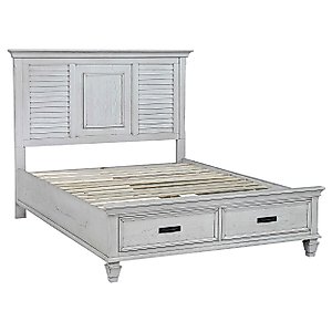 Coaster Home Furnishings Franco Farmhouse Wood California King Size Storage Panel Bed Frame Platform Bed 57-inch Headboard Distressed White 205330KW