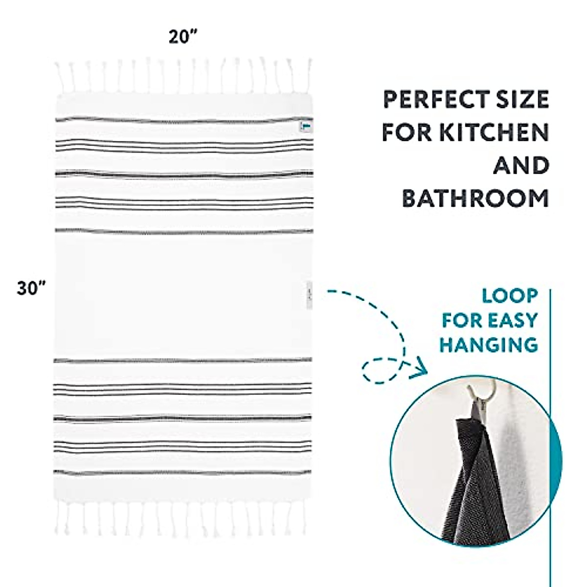 WETCAT Turkish Hand Towels with Hanging Loop (20 x 30) - Set of 2, 100% Cotton, Soft - Pre Washed Boho Farmhouse Kitchen Towels - Unique Decorative Hand Towels for Bathroom (Black & White)