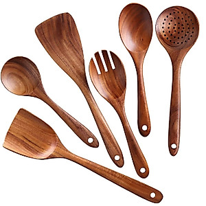 Meiyon Wooden Spoons for Cooking ,Non stick spatula utensil Set Non-stick cookware, Pan Kitchen Tool Wooden Spoons and Wooden spatula for cooking salad fork, Kitchen Utensils -6pcs