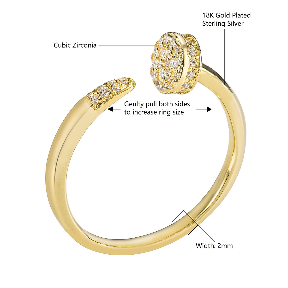 Aloha Jewelry Company 18K Gold Plated Sterling Silver Pave Open Nailed It Ring Stackable Wedding Band with Cubic Zirconia (6)