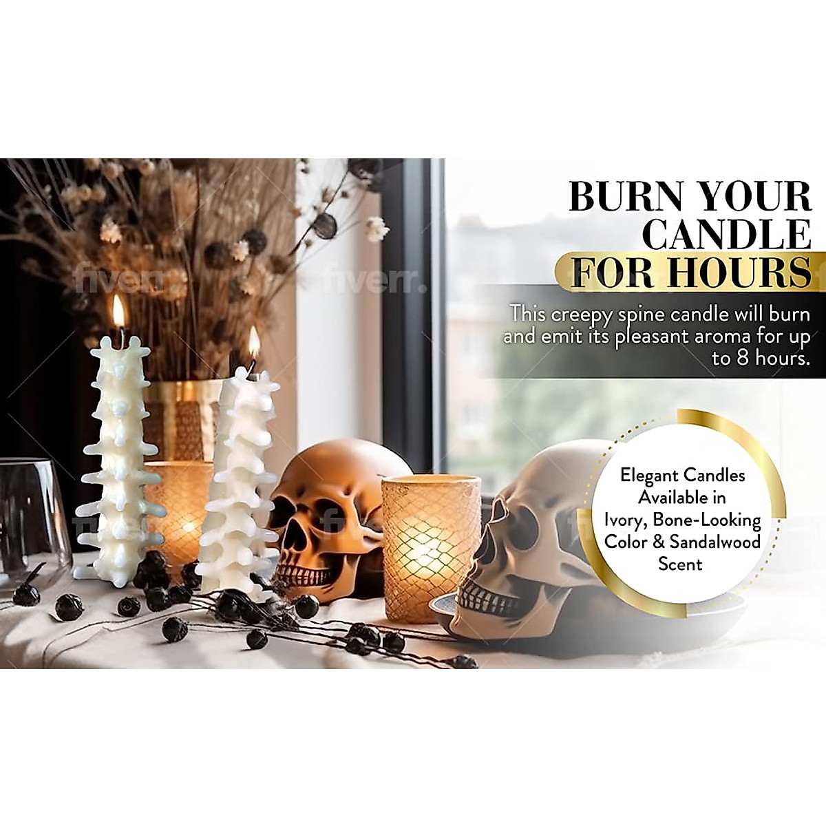 Kobi & Knight Spine Candle - Sandalwood Vanilla Scented Creepy Candles for Gothic Decor Gift - Ivory Spooky Vertebra Candle - Goth Decoration for Halloween - Large 8" Witchy Candle